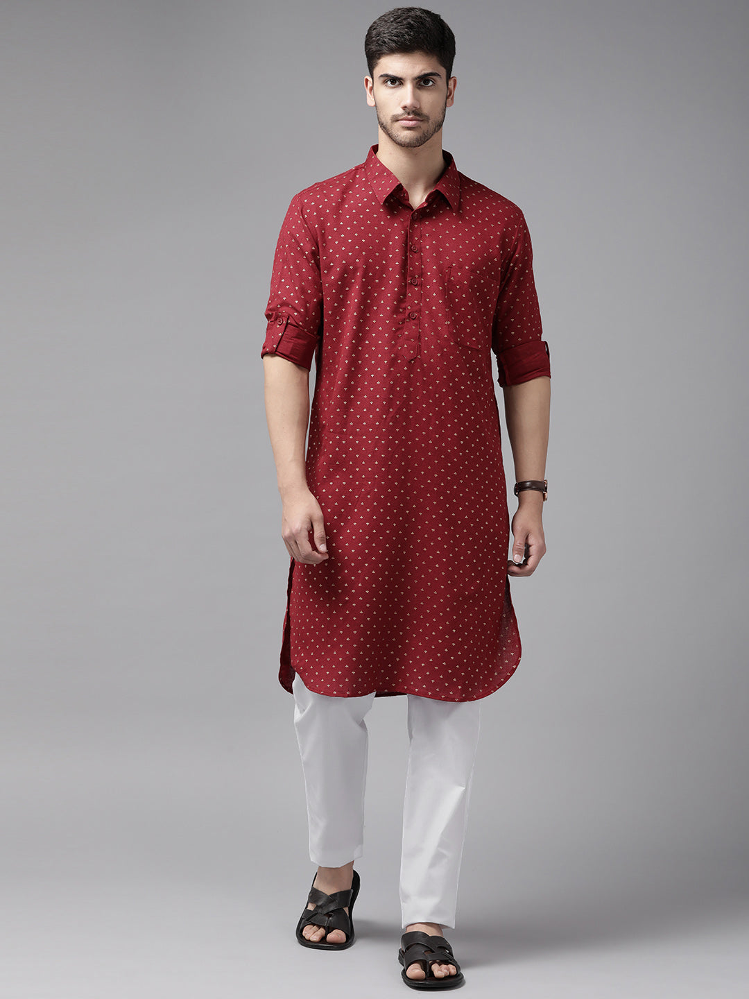 Men Maroon Floral Print Pure Cotton Pathani kurta – See Designs