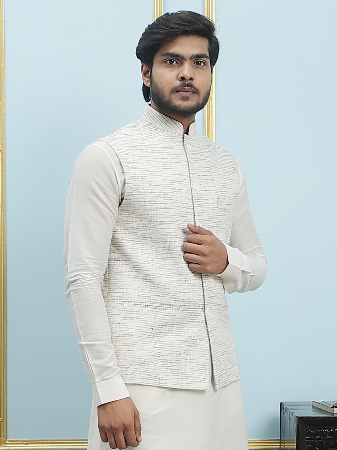Cream Solid Handwoven Pure Cotton Nehru Jacket | Men's Ethnic Wear ...