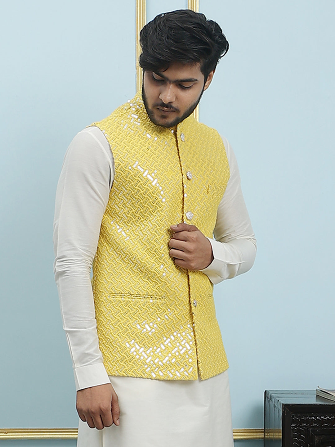 Yellow Embroidered Nehru Jacket: Exquisite Men's Ethnic Wear – See Designs