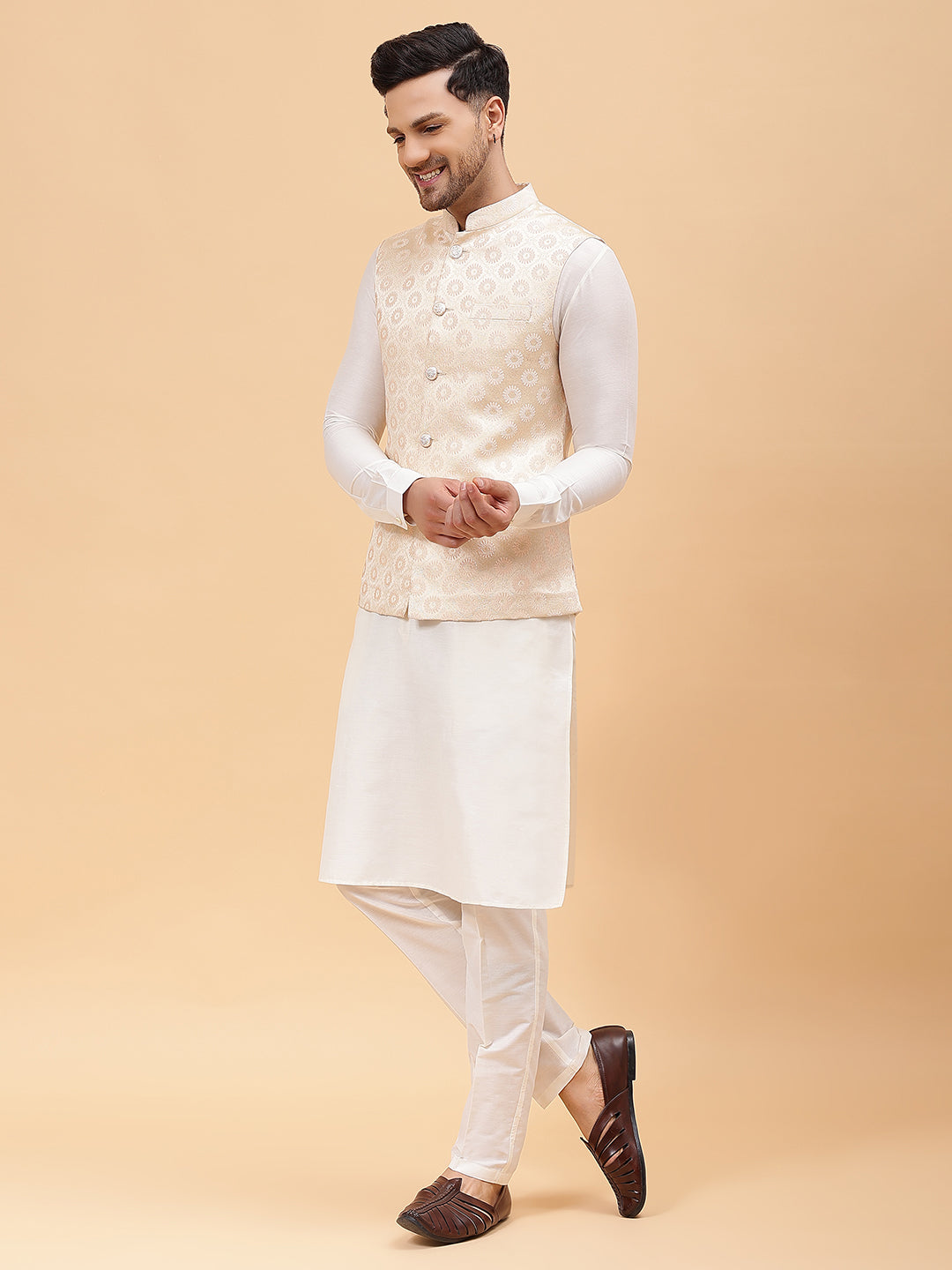 Men White Solid Kurta Pajama With Golden Nehru jacket – See Designs