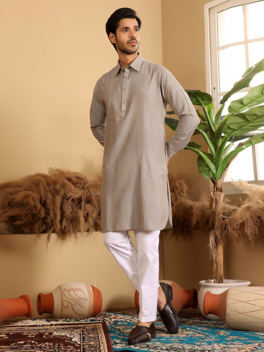 Dark Beige Handwoven Cotton Pathani Kurta – See Designs