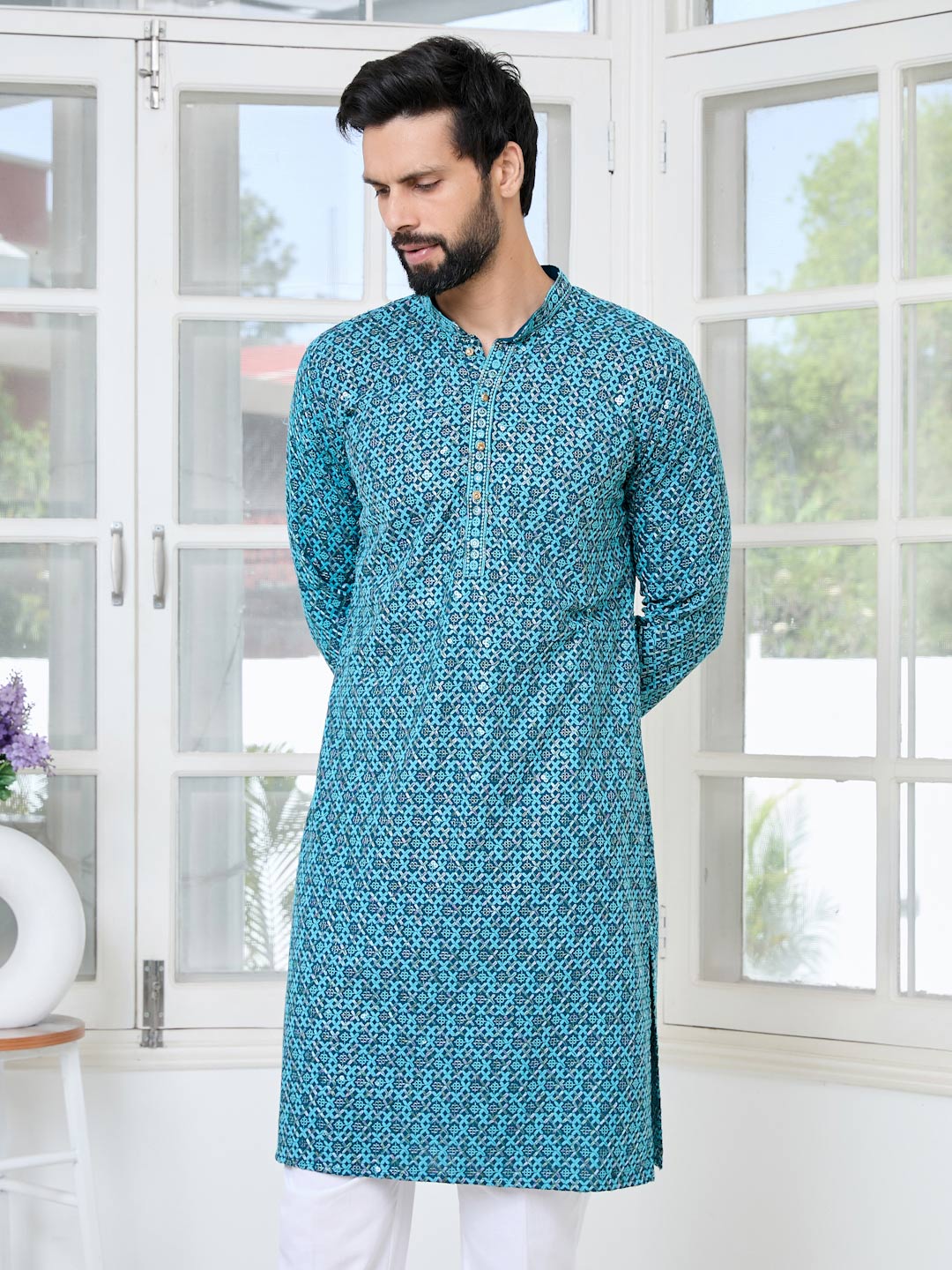 Men’s Blue Embroidered Kurta | See Designs