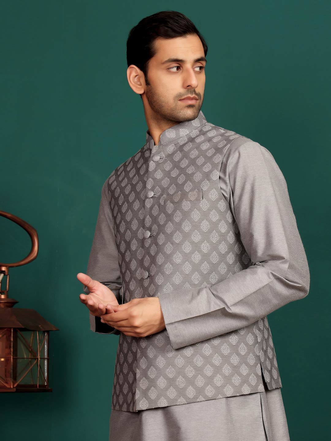 Gray Handwoven Cotton Jacquard Nehru Jacket – See Designs